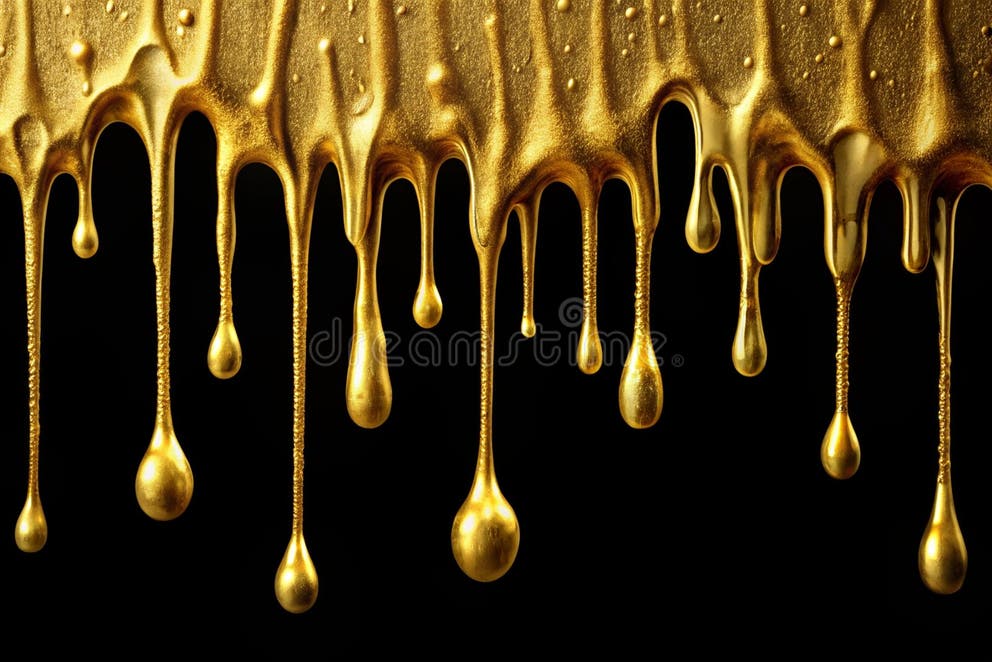 Golden Dripping Liquid Paint Texture on Black Background Stock ...