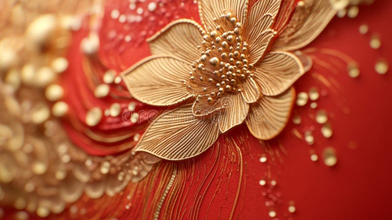 Close-up of a Golden Floral Design on a Red Surface Stock Illustration ...