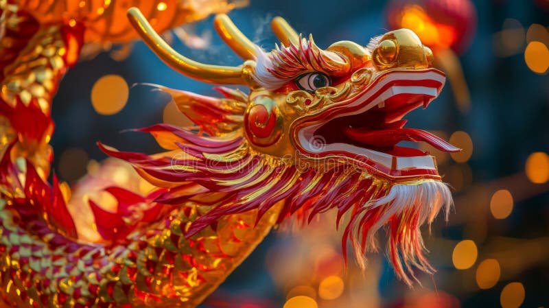 Close-up of a Golden and Red Dragon Head with White Fur Stock ...