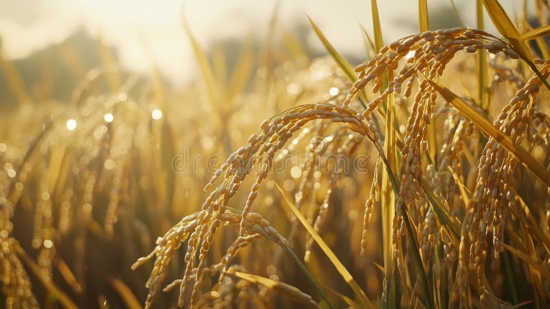 Close Up of Golden Rice Paddy Field in Warm Sunlight Stock Illustration ...