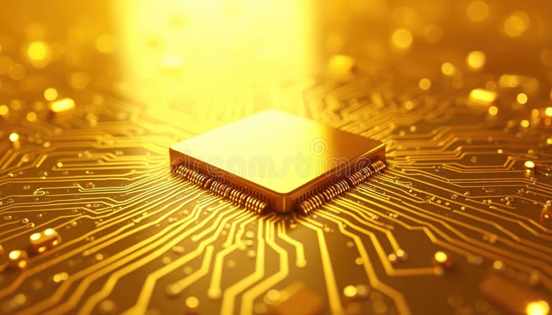 Close-up Golden Tech Illustration Shows Central Processing Unit. Circuit Board, Microchip Design ...