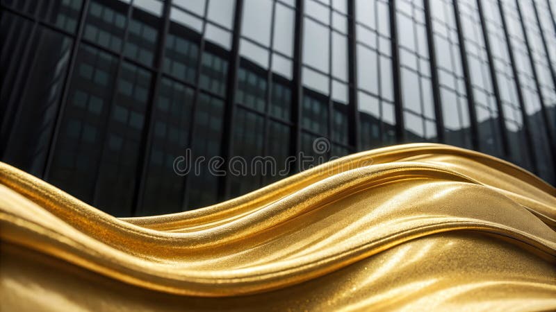 Close Up of Golden Wave Sculpture Front of Modern Glass Building Stock ...