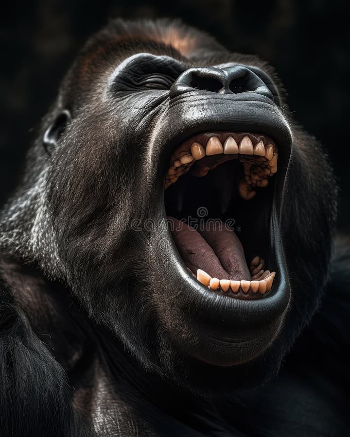 A Yawning Gorilla: a Close-Up Portrait of an Apex Primate. Created by ...