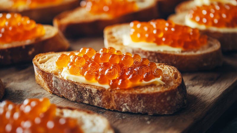 Close-up of Gourmet Appetizer with Red Caviar on Rustic Bread, Culinary ...