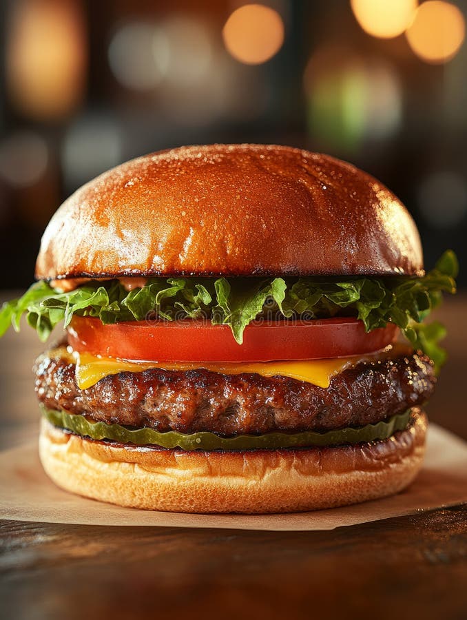 Close-up of a Gourmet Beef Cheeseburger on a Table. Stock Photo - Image ...