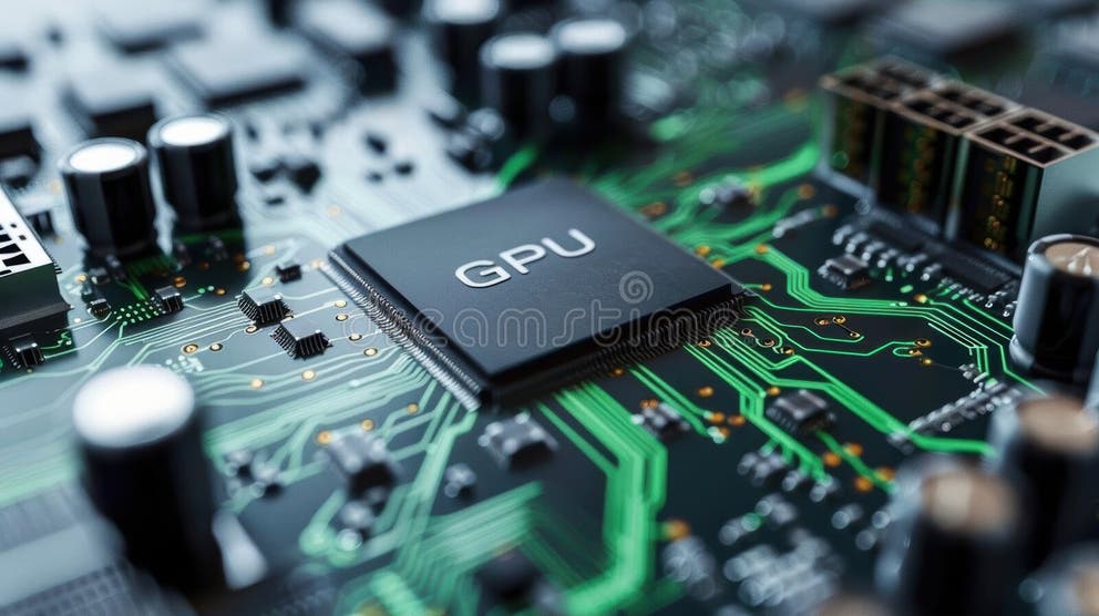 Close-up of a GPU on a Circuit Board with Glowing Green Lines and ...