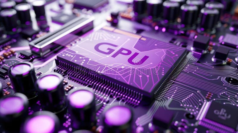 Close-up of a GPU on a Computer Motherboard Illuminated by Purple Light ...