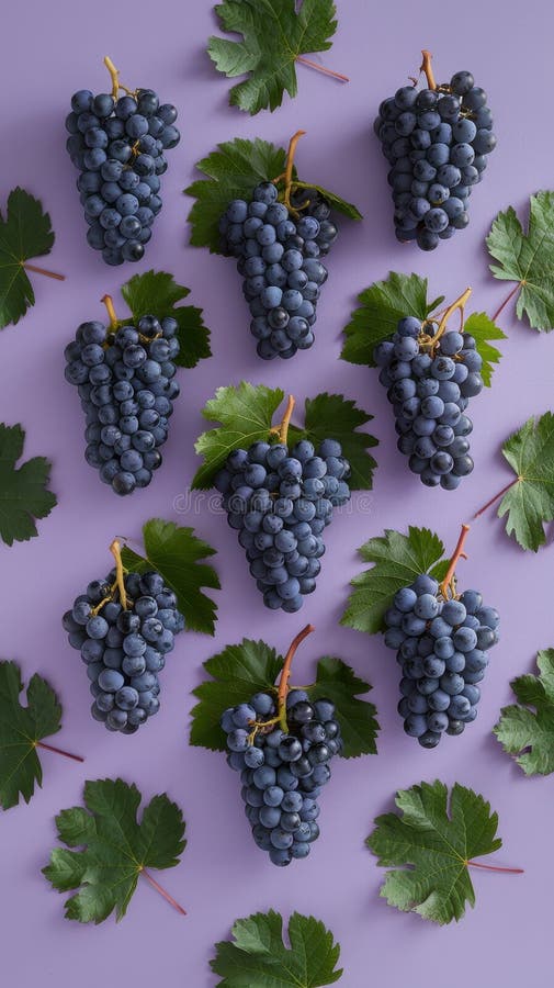 Close-Up of Grape Clusters with Leaves on Purple Background Stock ...