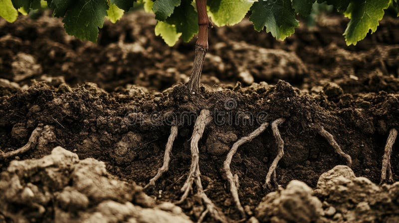 Close-up of Grapevine Roots Emerging from Rich, Dark Soil Stock ...