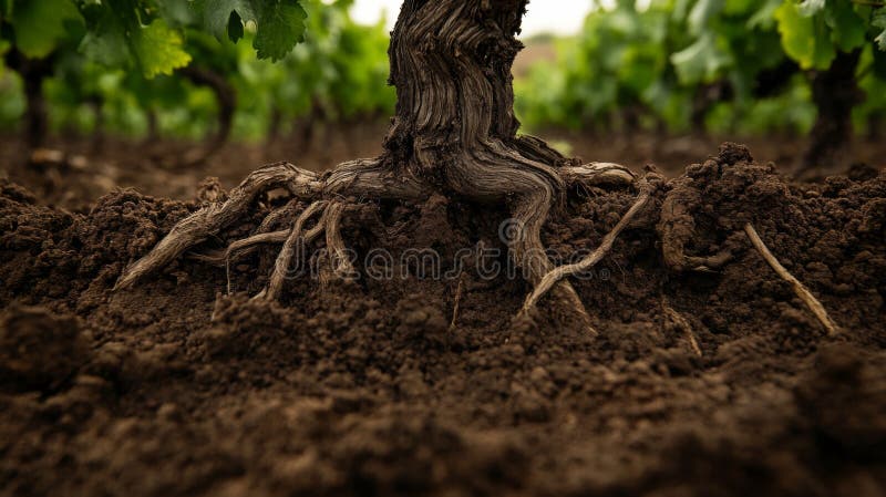 Close-up of Grapevine Roots in Soil with Blurred Green Vines in ...