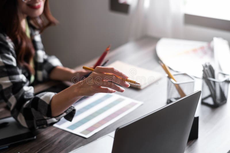 Close Up of Graphic Designer Working with Laptop for Creativity Editor ...