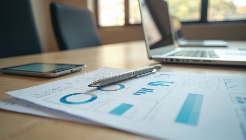 Close-up of Graphs, Diagrams Printed on Paper on Desk. Silver Pen on ...