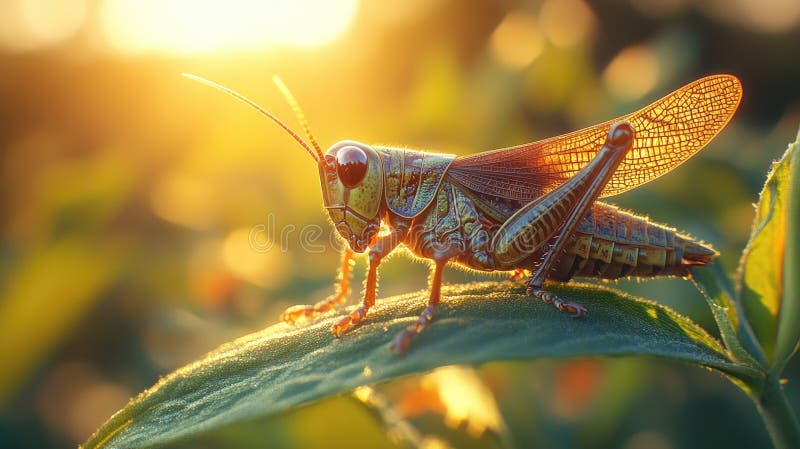 A Close-up of a Grasshopper Perched on a Leaf, Bathed in the Warm Glow ...