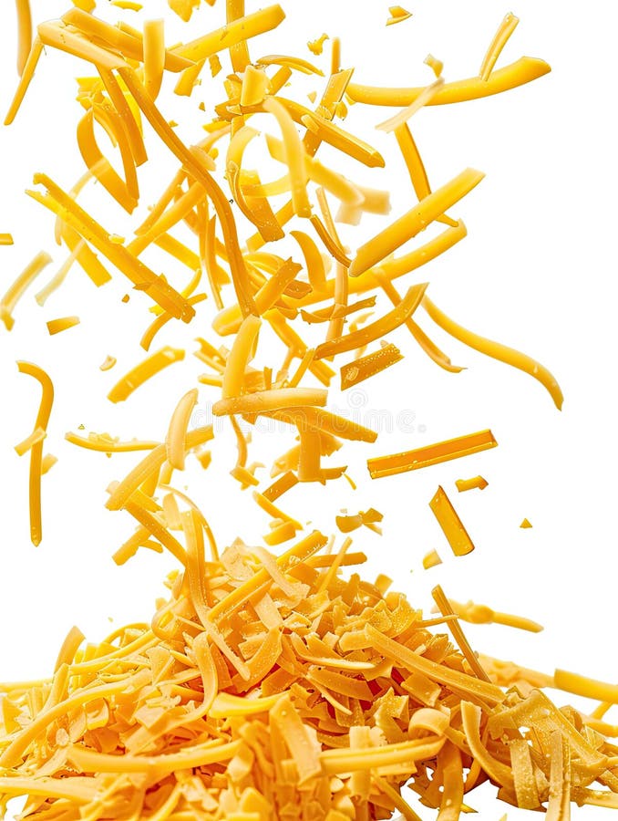 Close Up of Grated Cheddar Cheese Falling and Piling Up on White ...