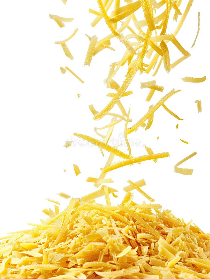 Close Up of Grated Cheddar Cheese Falling and Piling Up on White ...