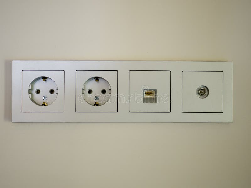 Close-up of a Gray Four Module Socket. Double Electrical Socket ...