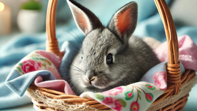 A Close-up of a Gray Rabbit Sitting in a Basket Lined with Colorful ...