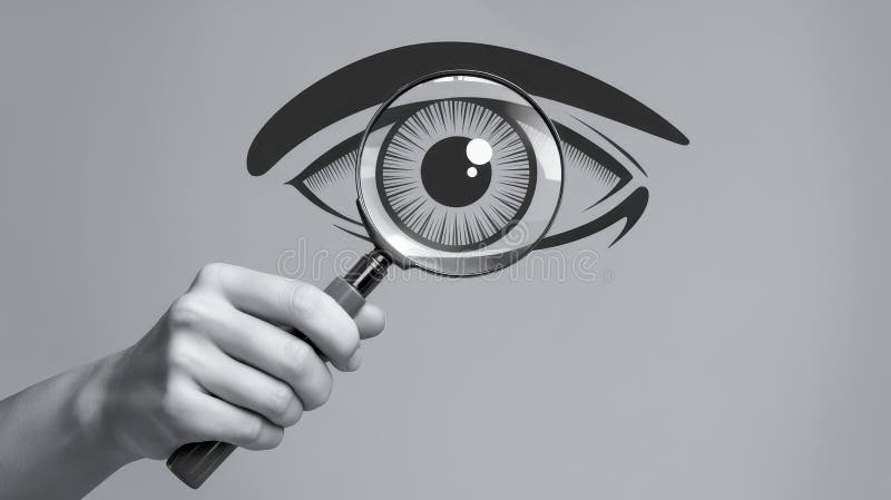 Close-Up Grayscale Image of Hand with Magnifying Glass on Eye Detail ...