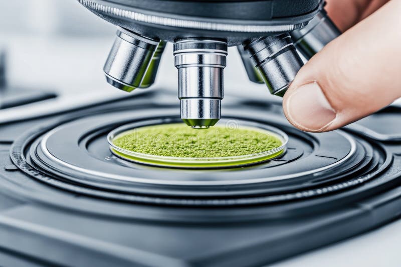 Close-up of Green Algae Under Microscope with Hand Adjusting Focus ...