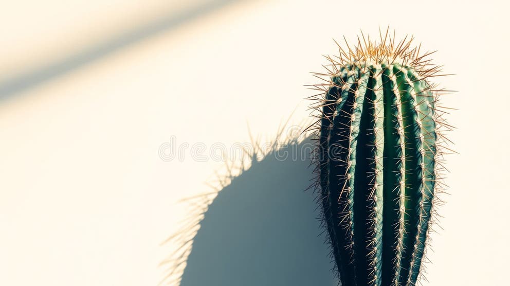Close-up of a Green Cactus with Long Spines Casts Shadow on White ...