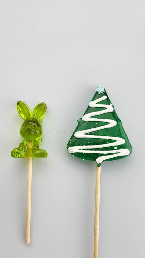 Close-up of Green Christmas Candy Bunny and Christmas Tree, Highlighted ...