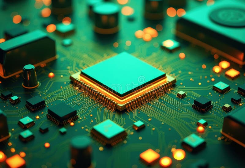 Close-up of a Green Circuit Board with Glowing Microchips and ...