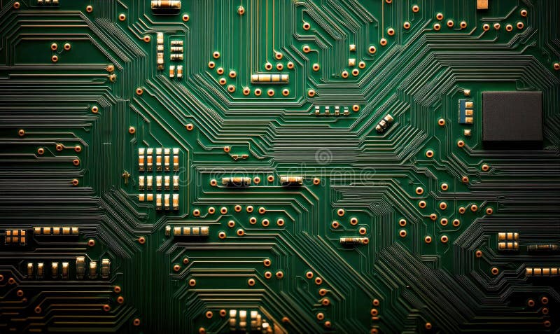 Close-up of a Green Circuit Board Illustrating Intricate Pathways, Representing Modern Tech and ...