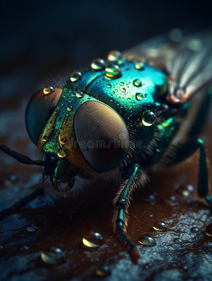 Close-up of a Green Fat Fly on a Wet Surface in Dramatic Lighting. AI ...