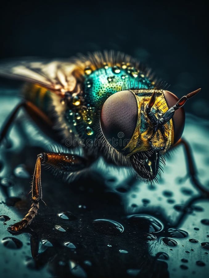 Close-up of a Green Fat Fly on a Wet Surface in Dramatic Lighting. AI ...