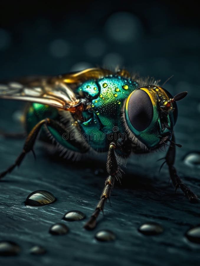 Close-up of a Green Fat Fly on a Wet Surface in Dramatic Lighting. AI ...