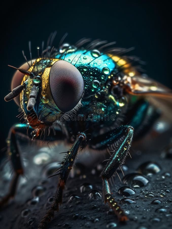 Close-up of a Green Fat Fly on a Wet Surface in Dramatic Lighting. AI ...