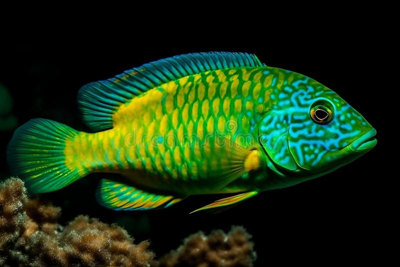 Close-up on Green Fish at the Bottom of the Sea. Generative AI. Stock ...