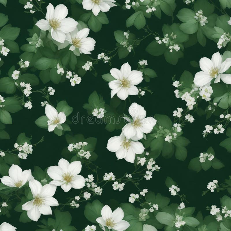 A Close-up of a Green Flower Pattern Background with White Flowers. AI ...