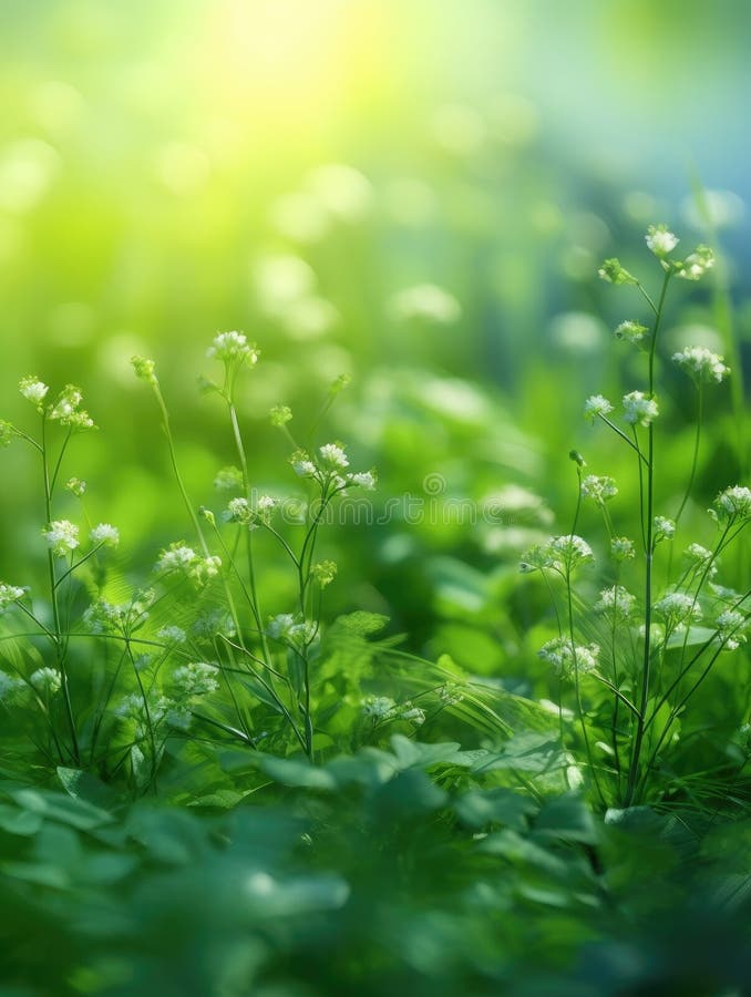 Close Up of Green Grass and Flowers in the Sunlight Stock Illustration ...