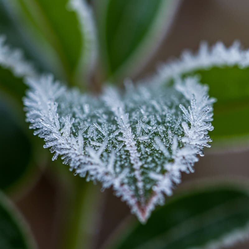 A Close-up of a Green Leaf Covered with Intricate Frost Patterns. the ...