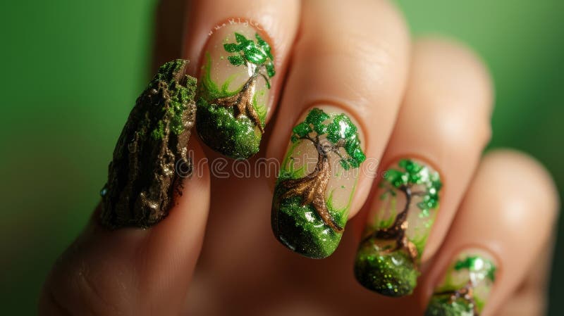 Green Nails with 3D Tree and Bark-inspired Nail Art Stock Illustration ...