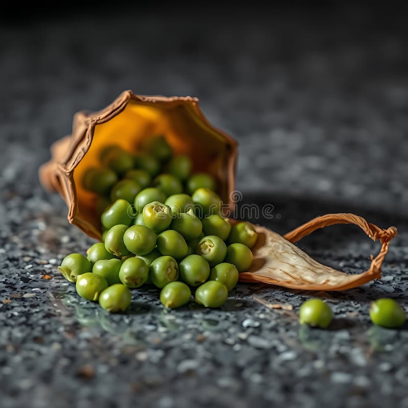 Close Up of Green Peas Spilling from a Broken Pod Onto a Smooth Granite ...
