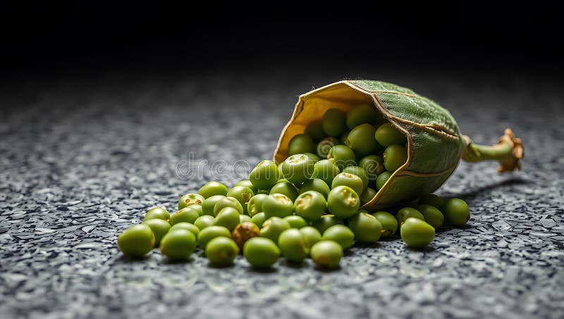 Close Up of Green Peas Spilling from a Broken Pod Onto a Smooth Granite ...