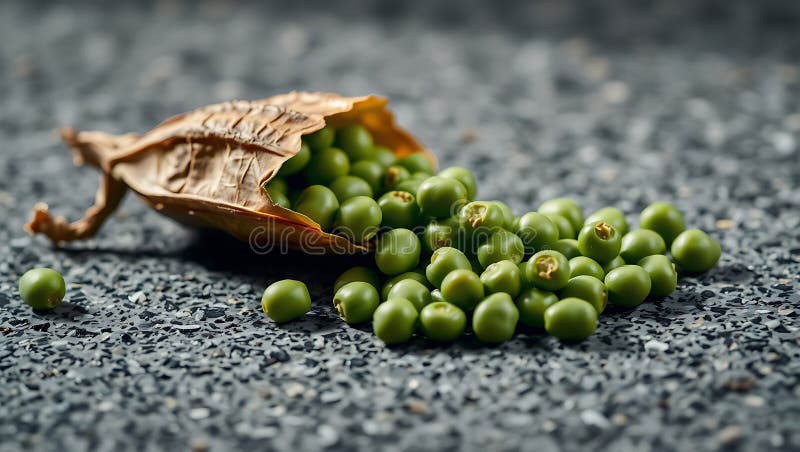 Close Up of Green Peas Spilling from a Broken Pod Onto a Smooth Granite ...