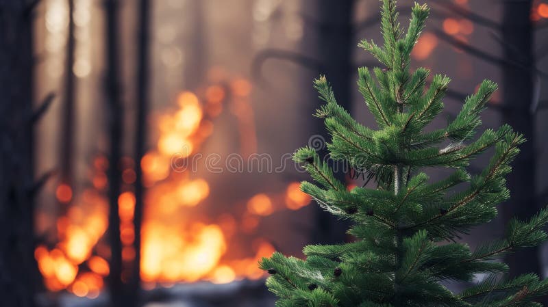 Close-Up of Green Pine Tree with Forest Fire in Background Stock Photo ...