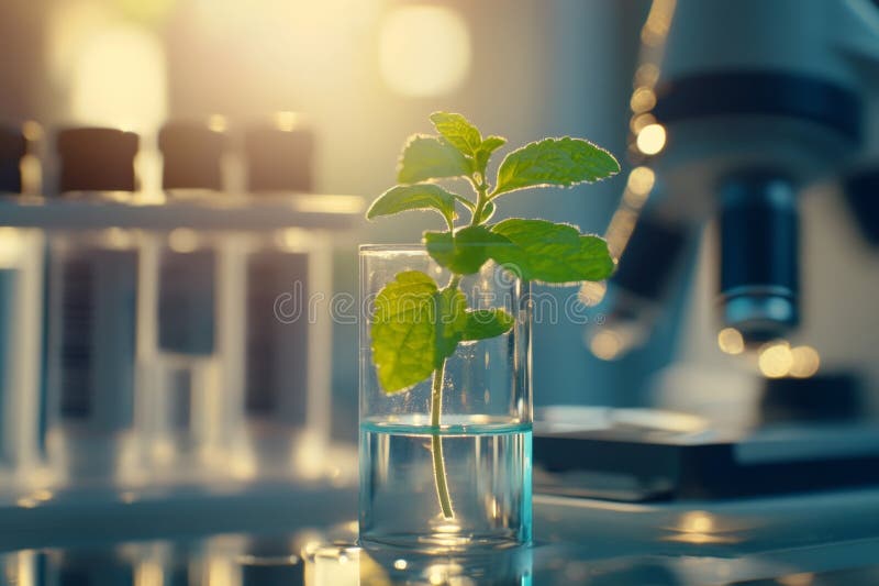 Close-up of a Green Plant Growing in Water Under a Microscope in a ...