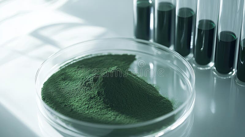 Close-up Green Powder in Petri Dish with Test Tubes. Stock Image ...