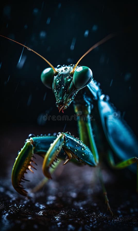 Close-up of a Green Praying Mantis on a Wet Surface. AI Generated Stock ...