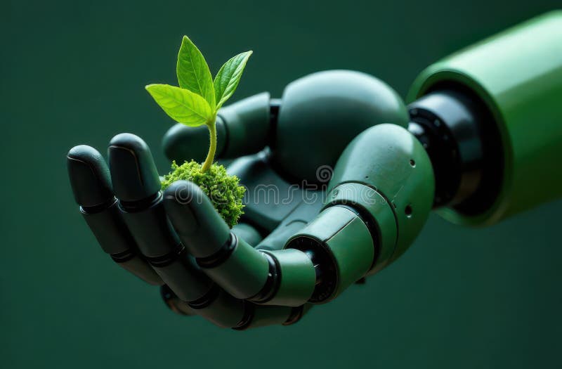 Close-up Green Robot Human-like Hand with Green Sprout. Technology and ...