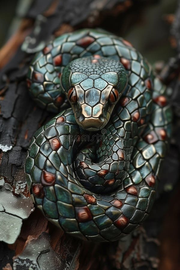Close-up of a Green Snake Crawling on a Tree Branch Stock Photo - Image ...