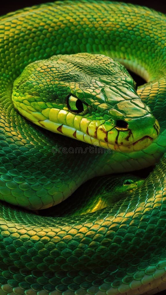 A Close Up of a Green Snake with Its Head Facing the Camera, AI Stock ...