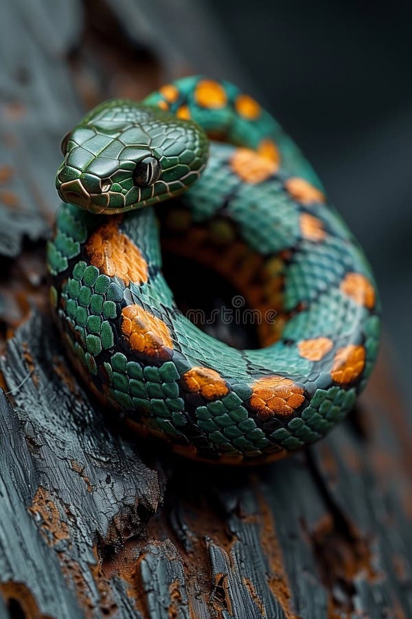 Close Up of a Green Snake Slithering on a Wooden Surface Stock Image ...