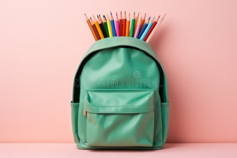 Close-up of a Green Student Backpack with a Stack of Colored Pencils ...