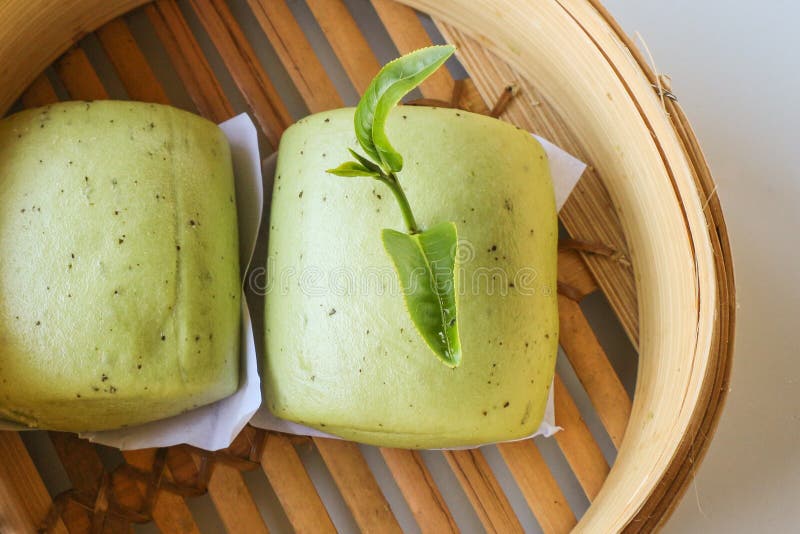 Close Up Green Tea Buns in Bamboo Basket Stock Photo - Image of leaf ...