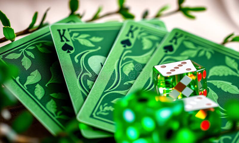 Close-up of Green-themed Playing Cards and Multi-colored Dice Stock ...